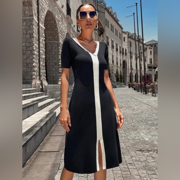 Commense | Dresses | Commense Two Tone Vneck Knit Slit Midi Dress ...